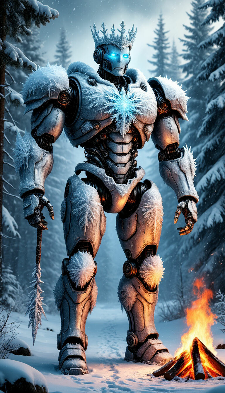 "A giant robot with a crown of snowy mountains on his head , a cyborg ...