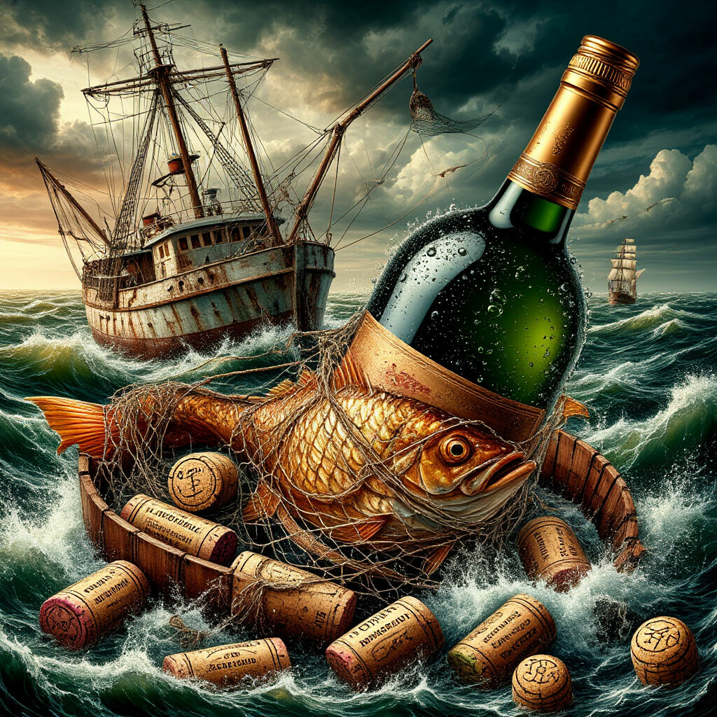 "Bottle fish, fishing with nets, wine and vodka trawler in a stormy sea ...