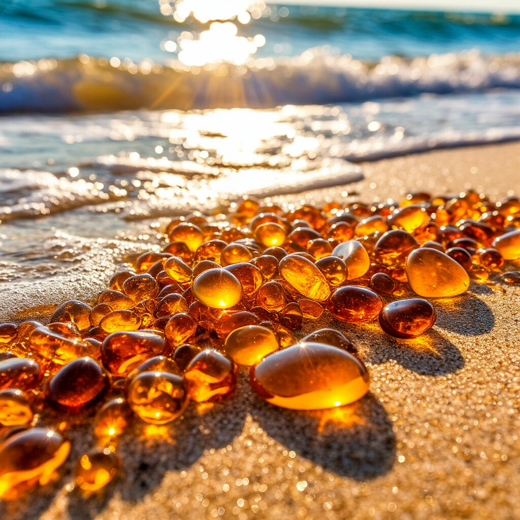 "The surf brings out amber pebbles on the sand, the bright sun is ...