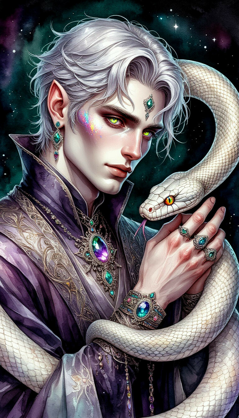 ""an elegant male sorcerer with alabaster skin, silver hair, and ...