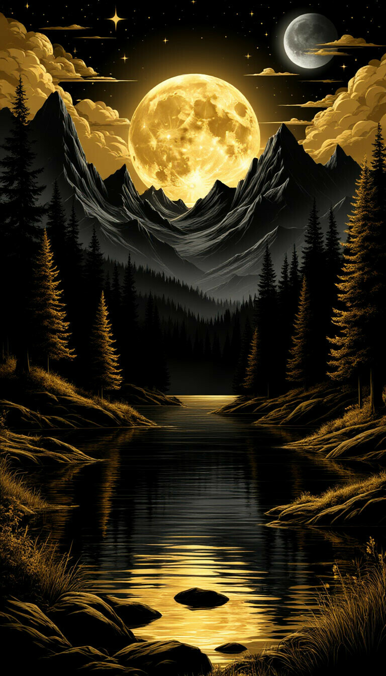 "Dark fantasy, minimalism, mountains, forest, lake, night, moon, starlight, moonlight, black and ...
