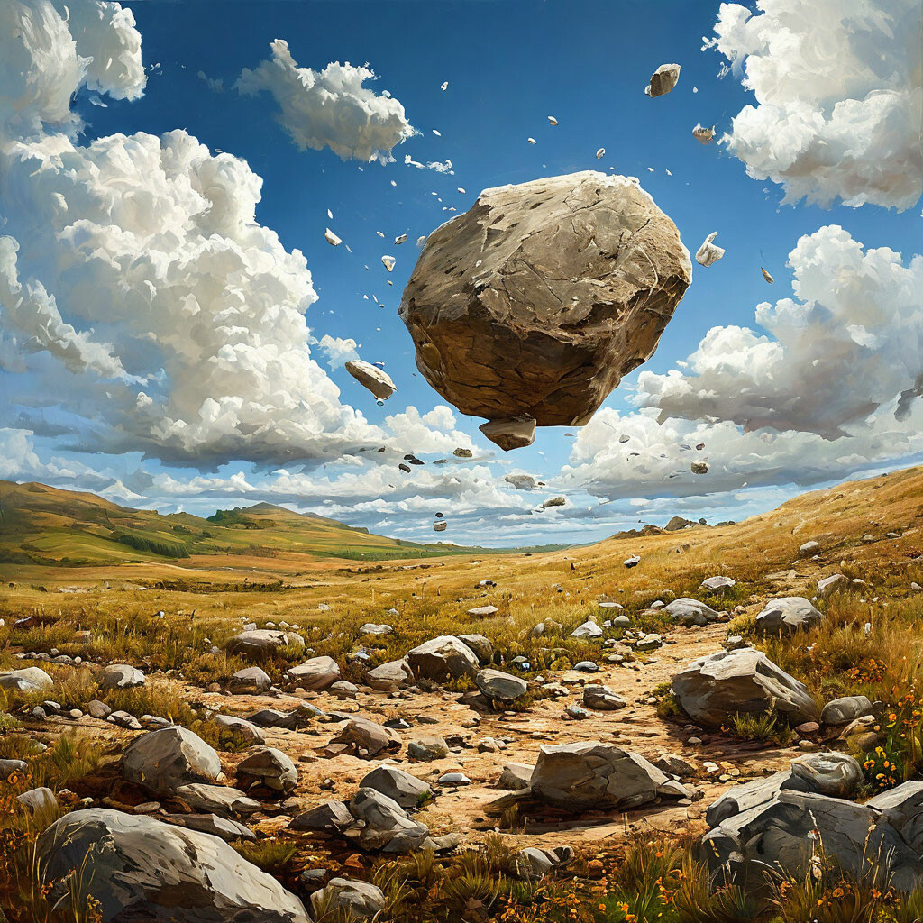 "A stone falls to the ground" — image created in Shedevrum