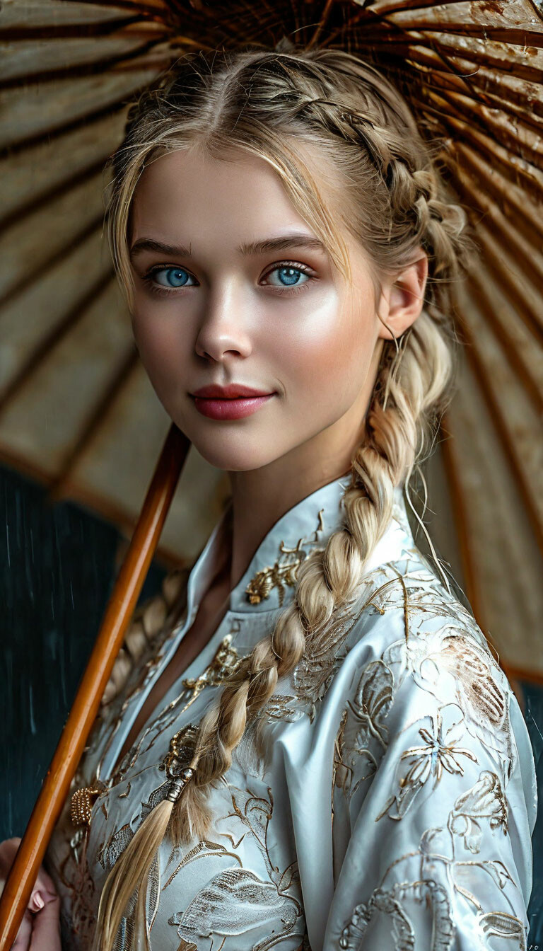 "Slavic girl, long blonde hair, braided and thrown over her shoulder ...
