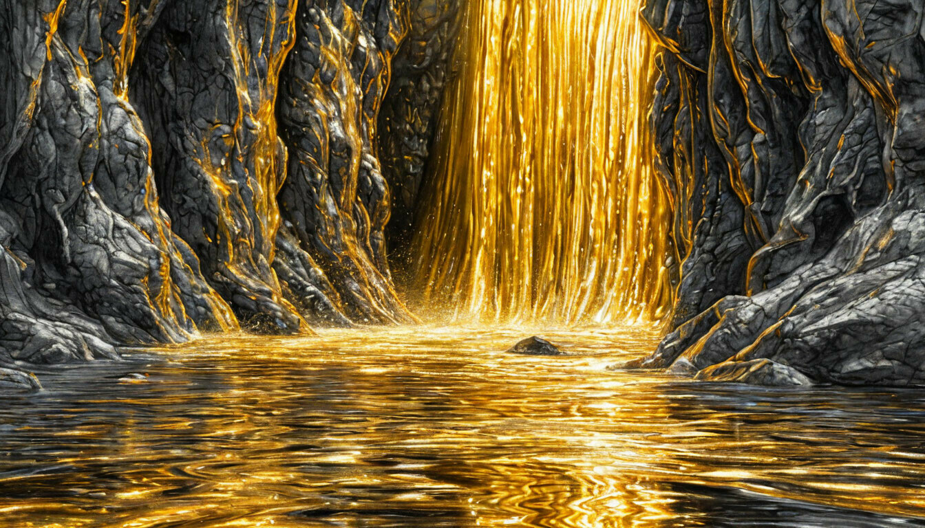 "Liquid gold flows like a waterfall …" — image created in Shedevrum