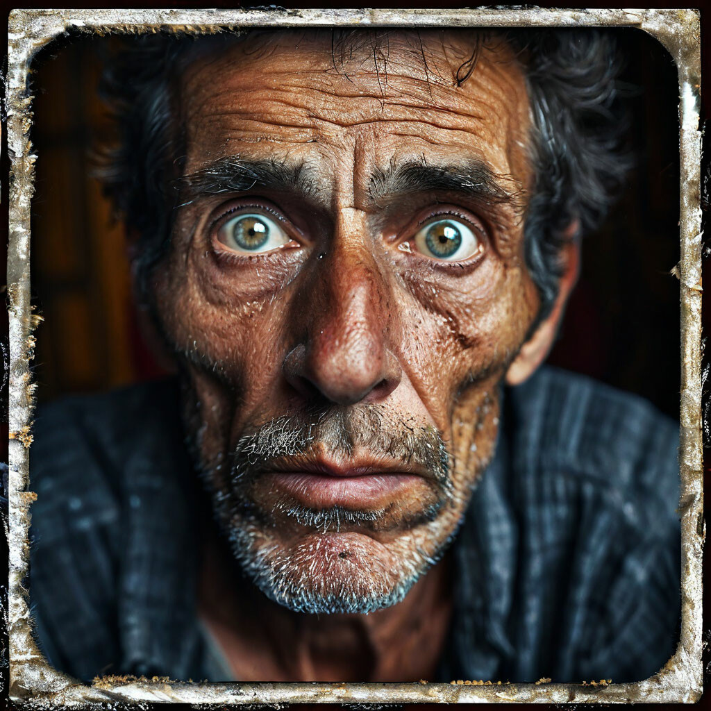 "A man with a very skinny face, sunken eyes and a very tired look ...