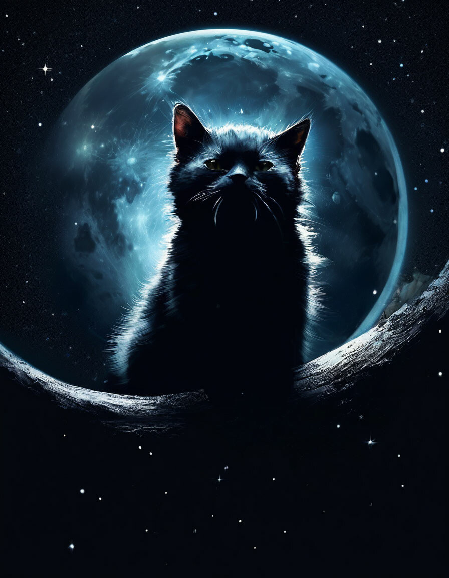 "A big, dark moon, a moon cat sits on …" — image created in Shedevrum