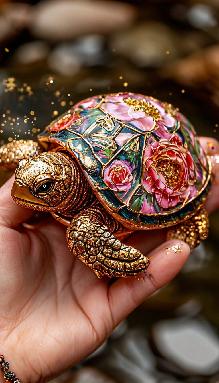"Turtle, shell painted with peonies in…" — image created in Shedevrum