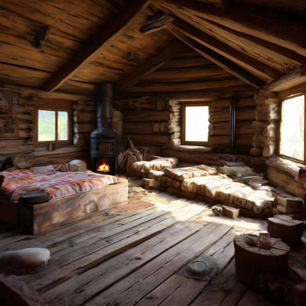 "It was a rough log structure, which …" — image created in Shedevrum