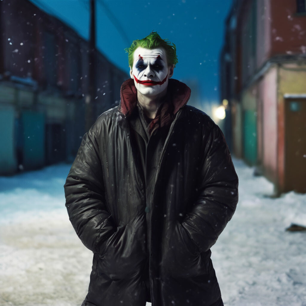"The Joker from the universe Batman dressed in a padded jacket, full ...