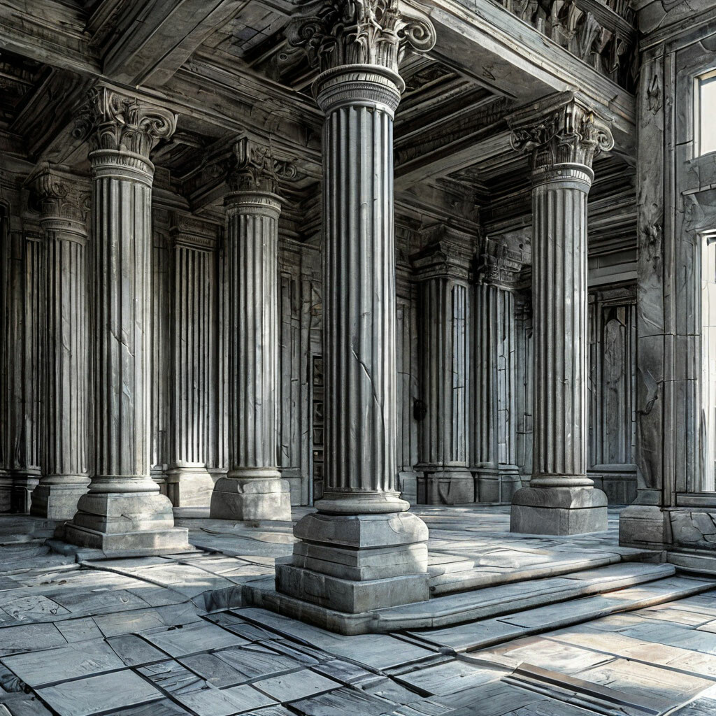 "Columns, gray stone, courtroom, …" — image created in Shedevrum