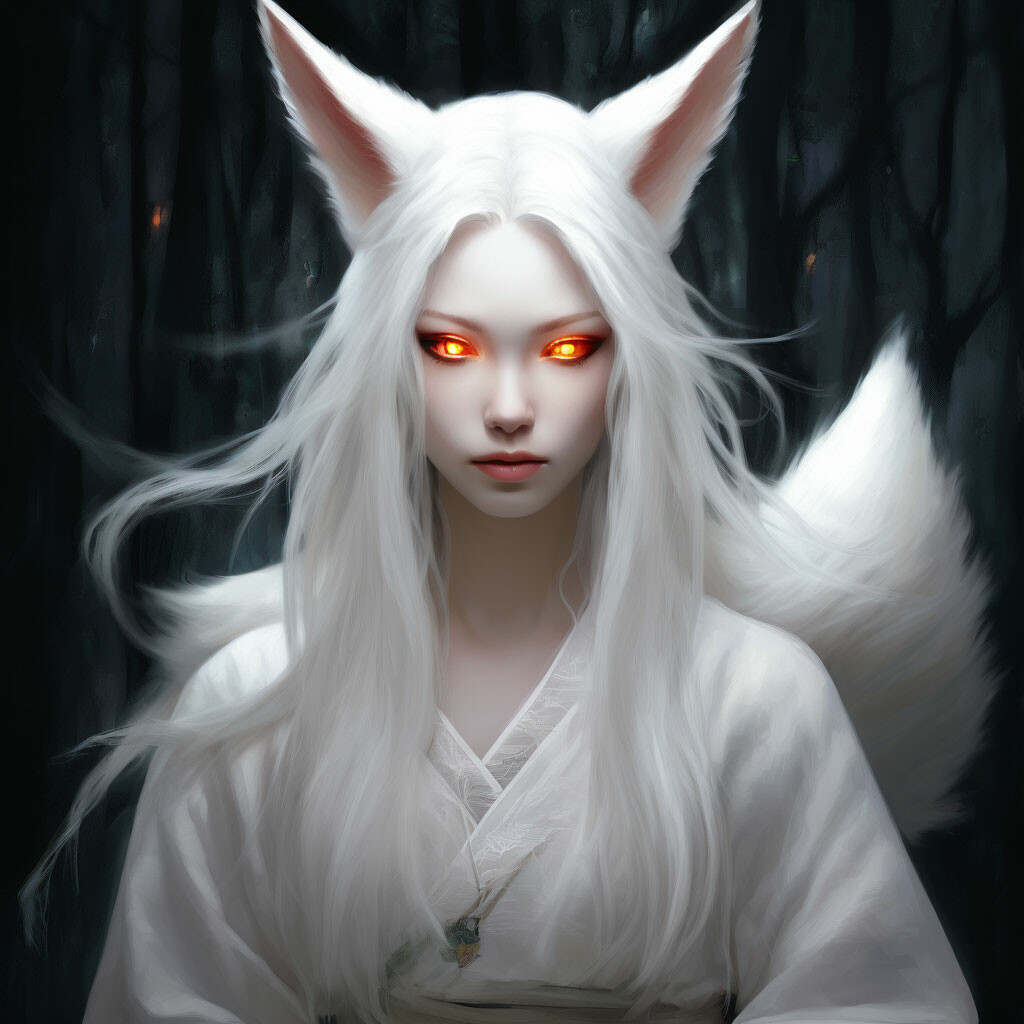 "Snow-white kitsune with glowing amber…" — image created in Shedevrum