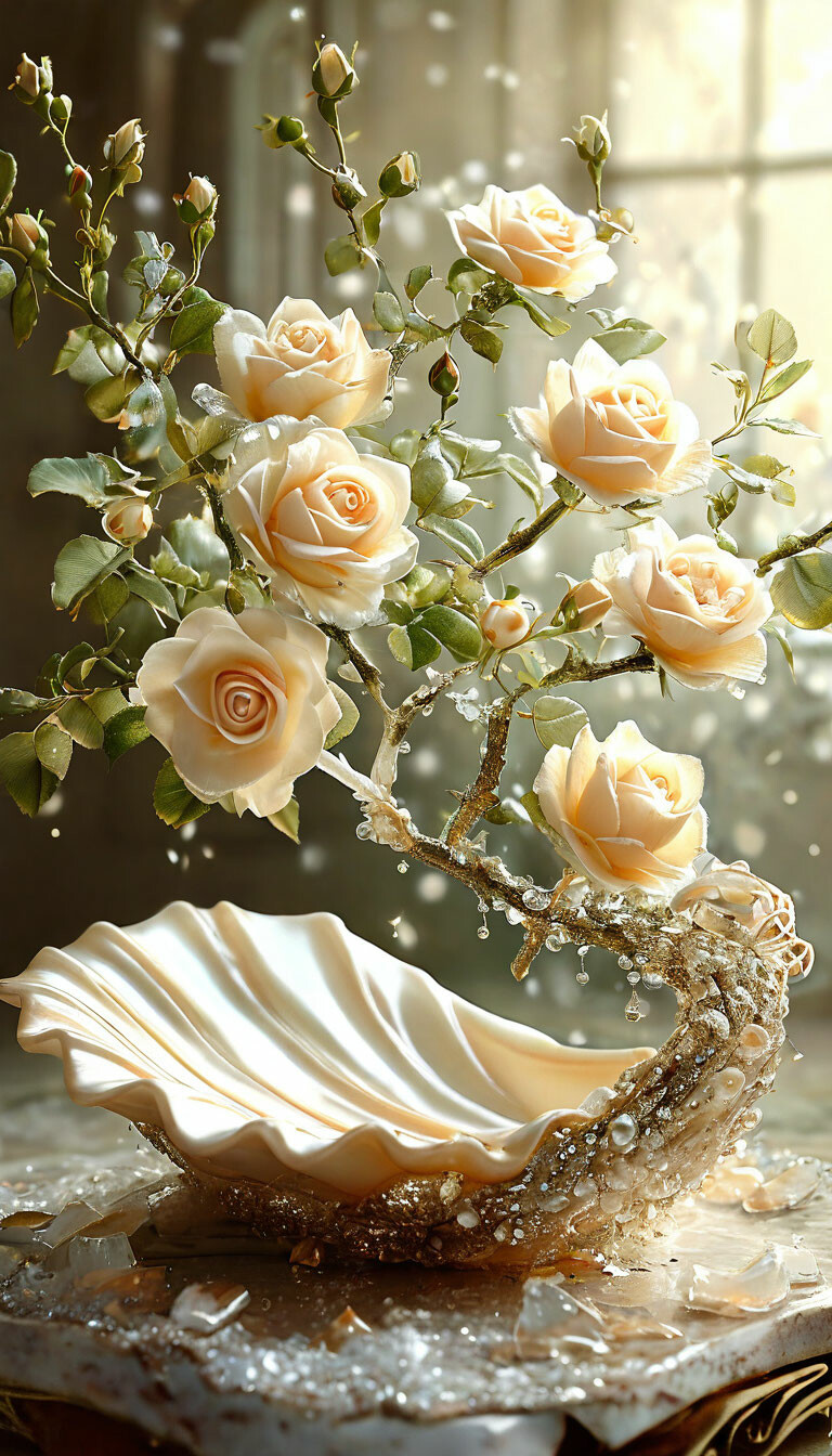 "Ekibana in a pearl shell, curly …" — image created in Shedevrum