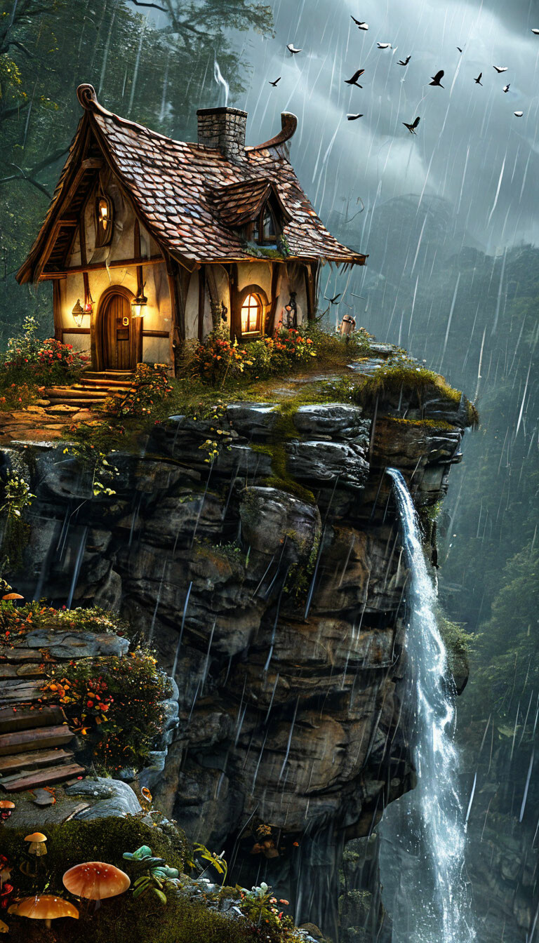 "Heavy rain on top of a high cliff …" — image created in Shedevrum