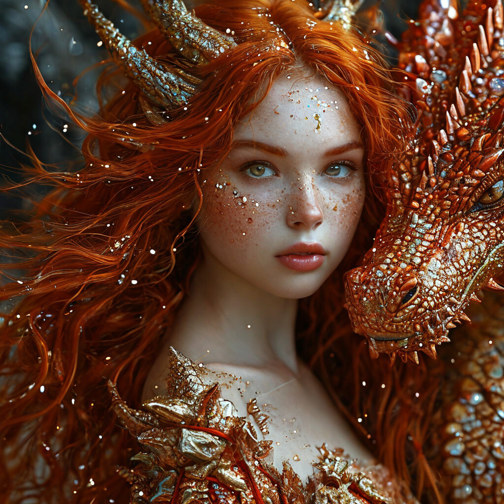"Beautiful,red-haired dragon girl,fantasy,glitter" — image created in ...