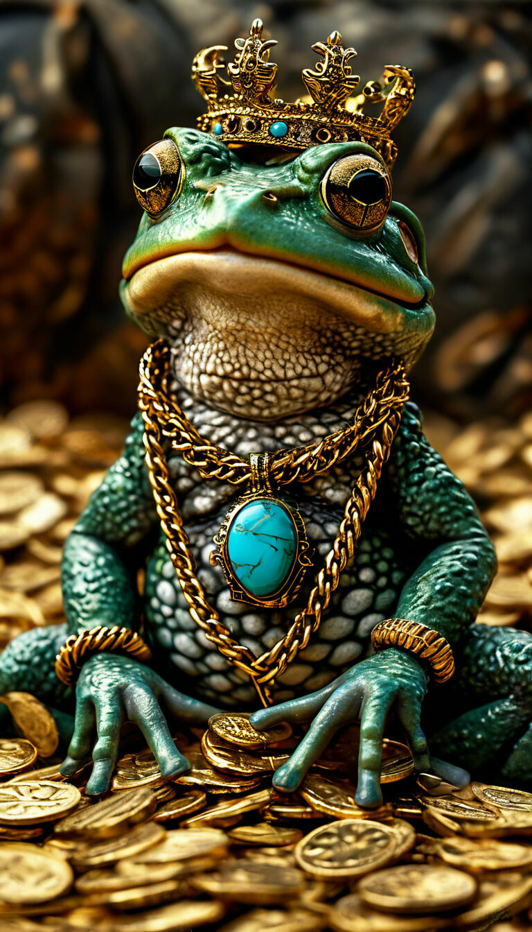 "A very beautiful Green toad with a crown on its head, a gold chain and ...