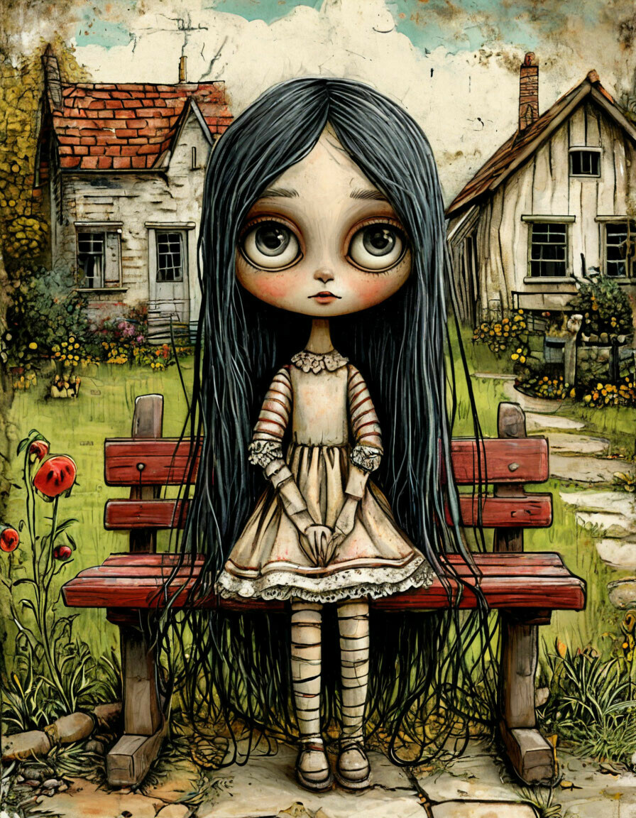 "A drawing in the style of Maria desbons, a gloomy doll with long hair ...