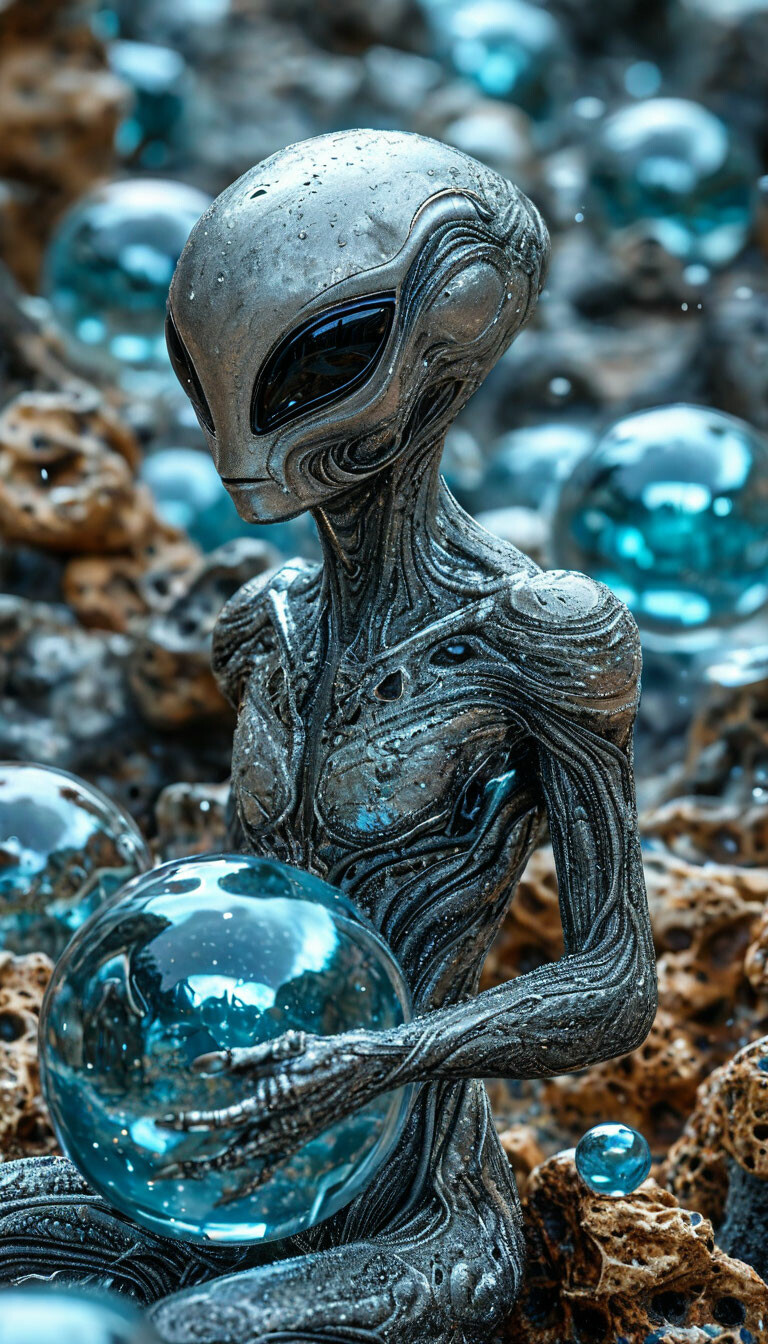 "A cosmic galaxy, a silver humanoid alien, around glass balls with the ...