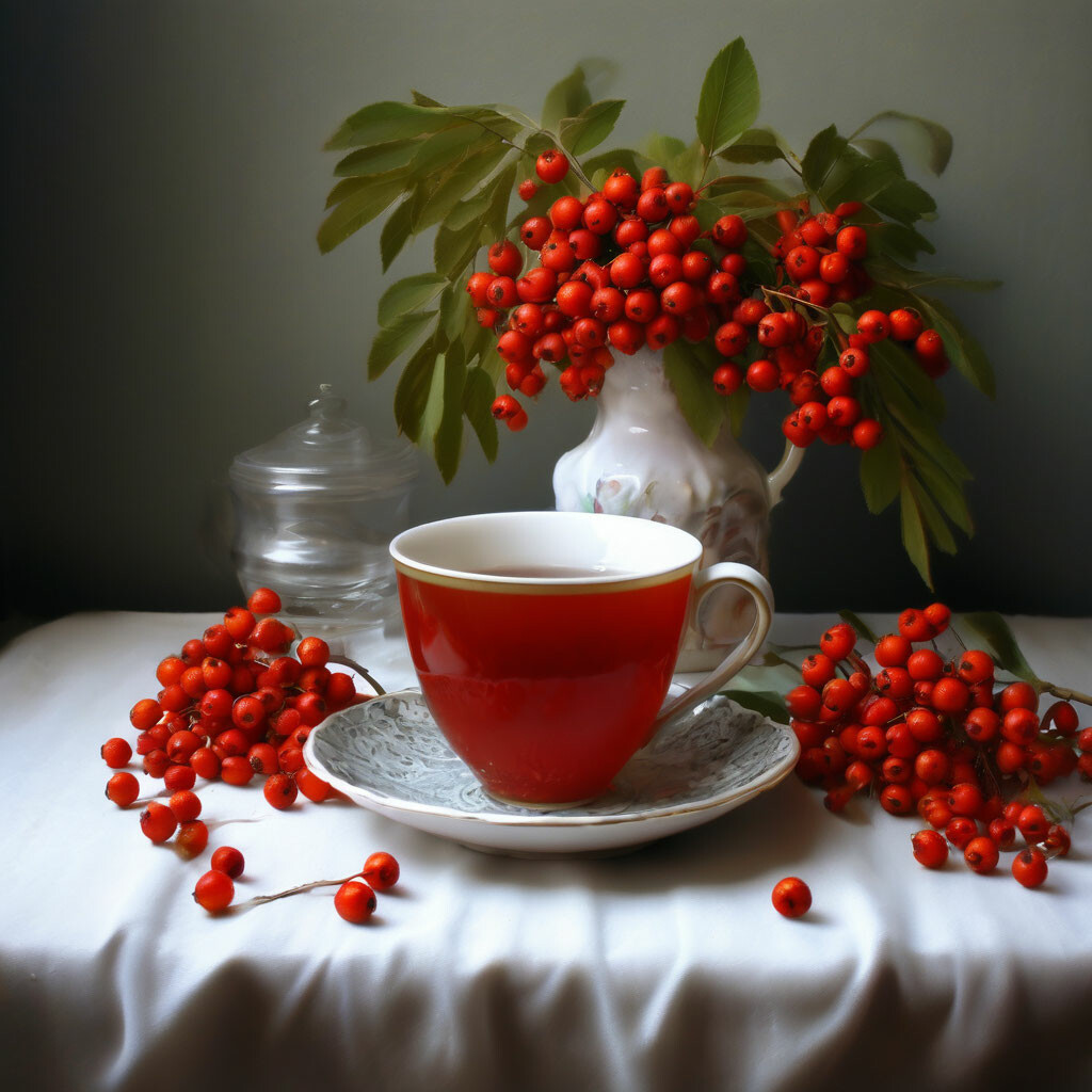 "On the table there is a cup of tea and a vase with a rowan berry ...