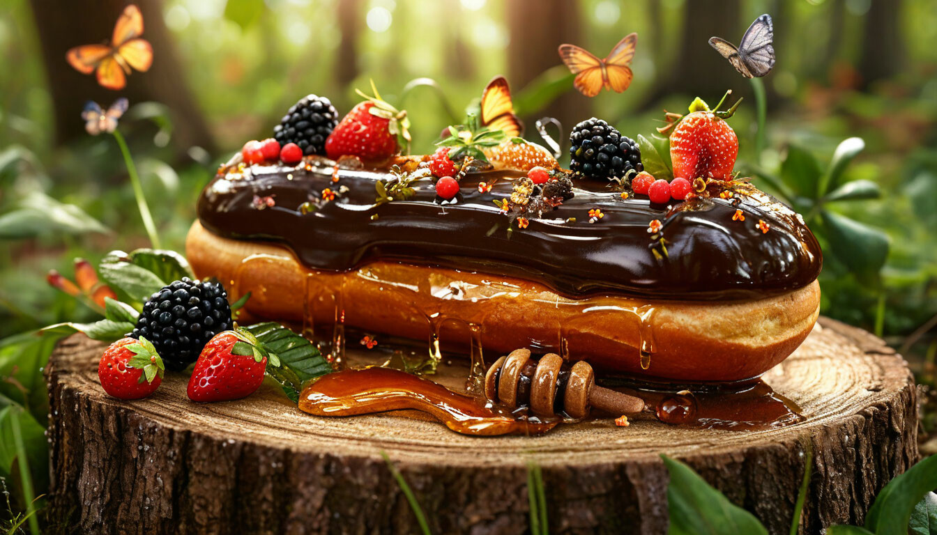 "Close-up of a delicious juicy eclair …" — image created in Shedevrum