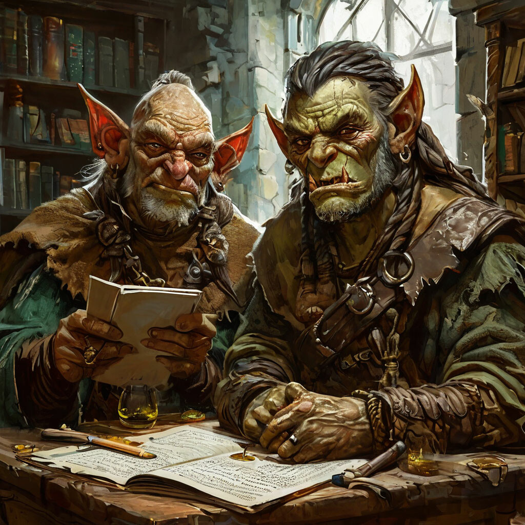 "Friendly goblins and orcs read the …" — image created in Shedevrum