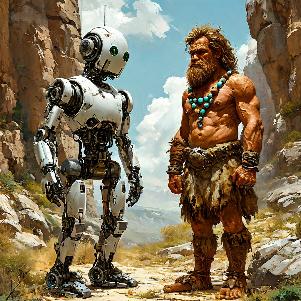 "The robot leads a caveman in a collar" — image created in Shedevrum