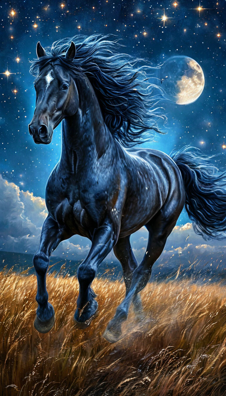 "A beautiful blue-black horse gallops …" — image created in Shedevrum