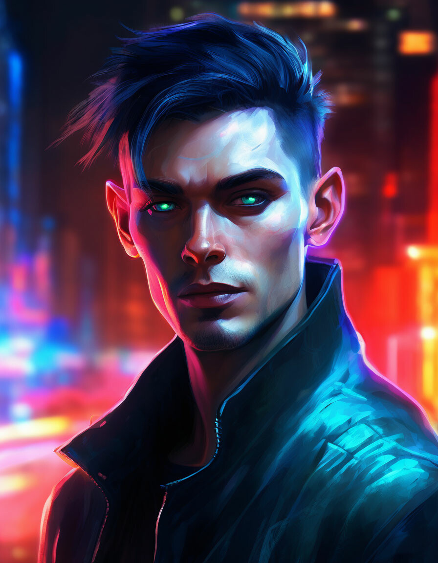 "Shadowrun, elf, full face, portrait, man, neon, thin face, short hair ...