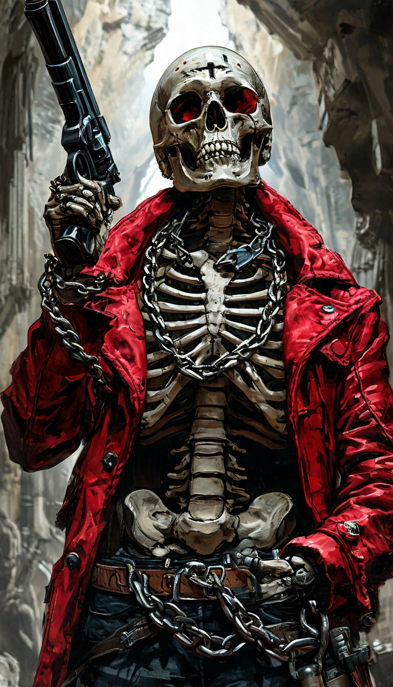 ". a bandit skeleton with huge chains …" — image created in Shedevrum