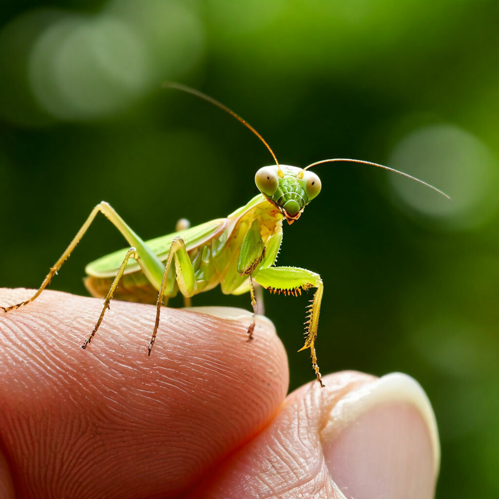 "A small mantis sits on the finger of the hand high detail HDR" — image ...