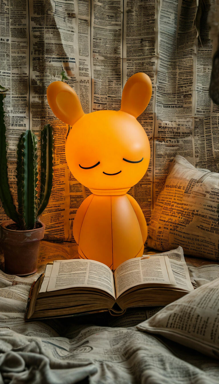"A yellow-orange anthropomorphic light with ears reads a book in the ...