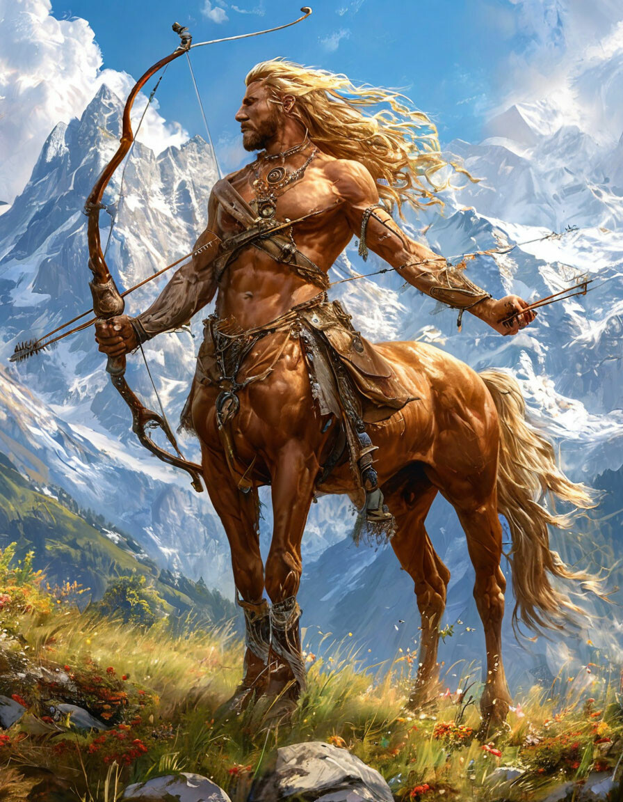 "Centaur is a mythical creature, luminous, many details, holding a bow ...