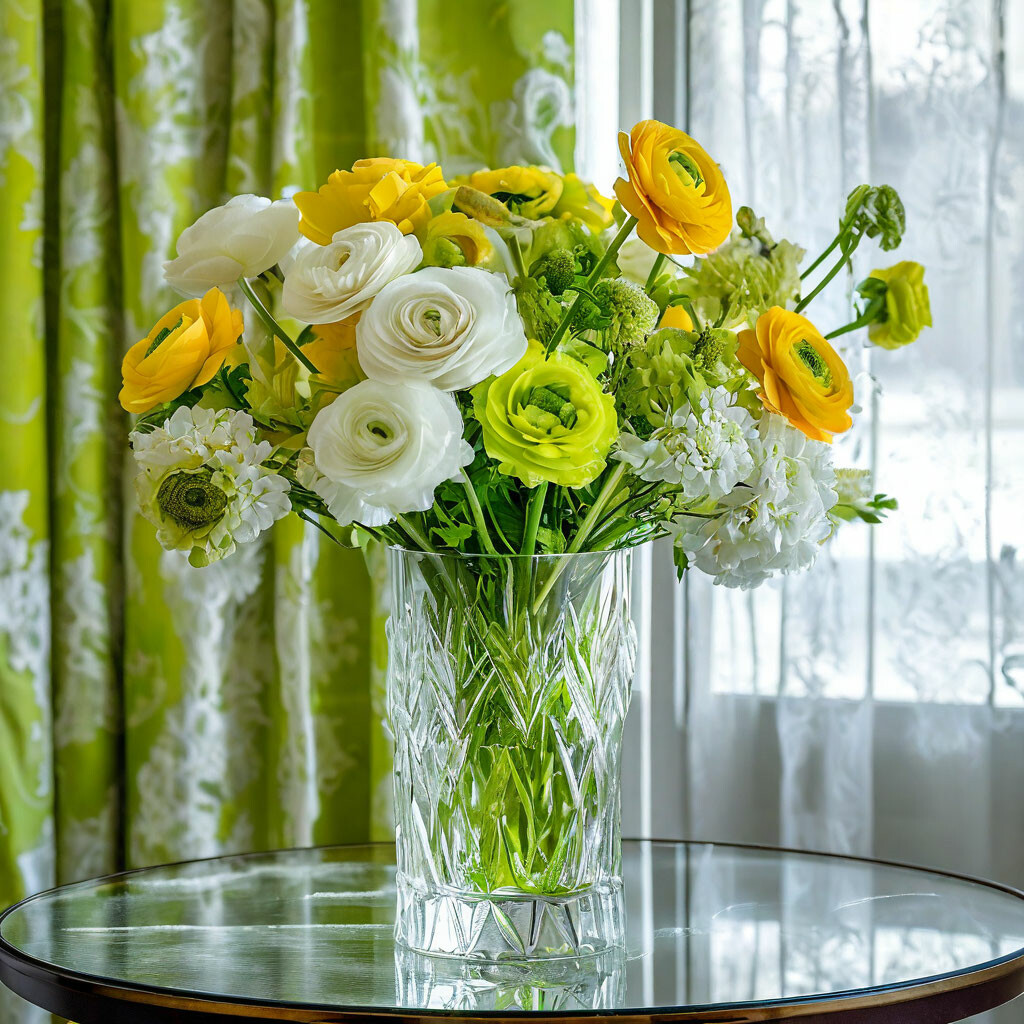 "Close-up,white yellow on neon olive,on a mirrored table there is a ...