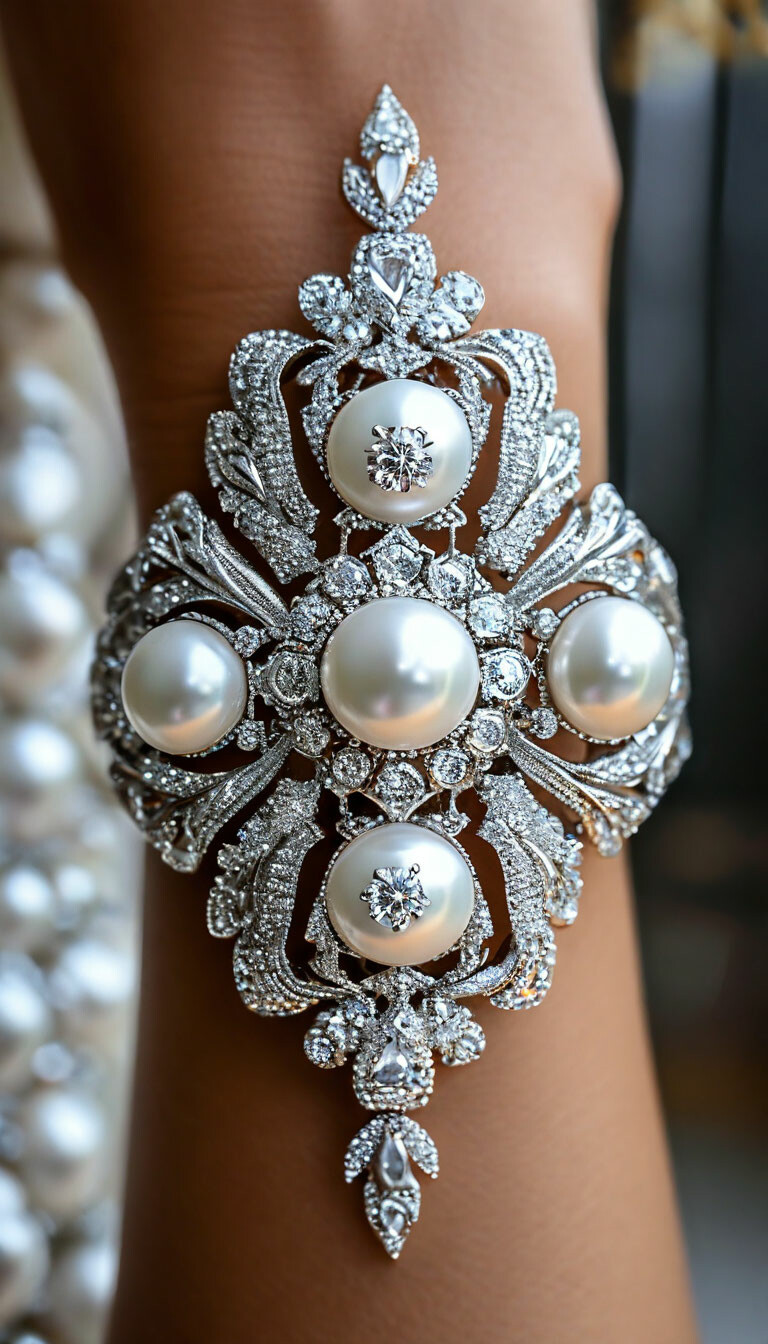 "An elegant bracelet decorated with pearls and diamonds creates an ...
