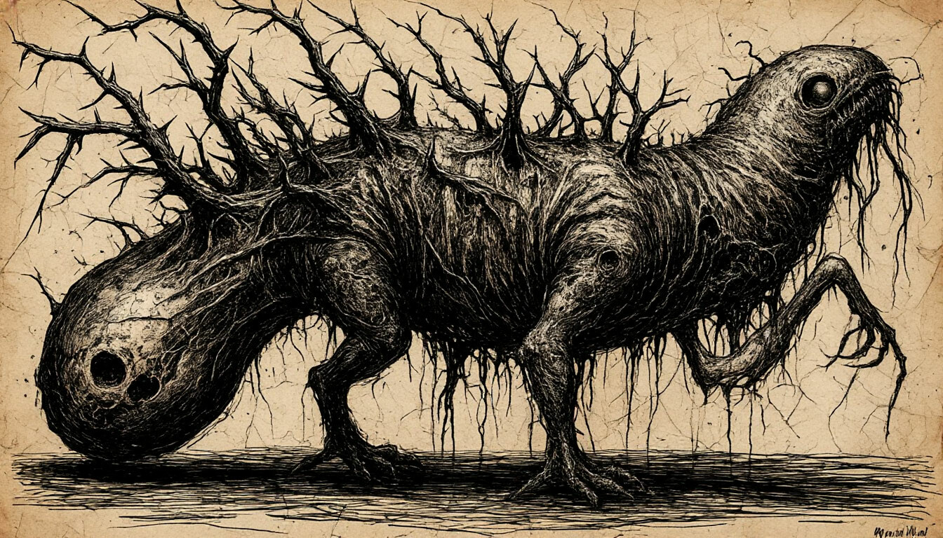 "Monotype, thorn, thorns, collapse, black mass, burnt clear black lines ...
