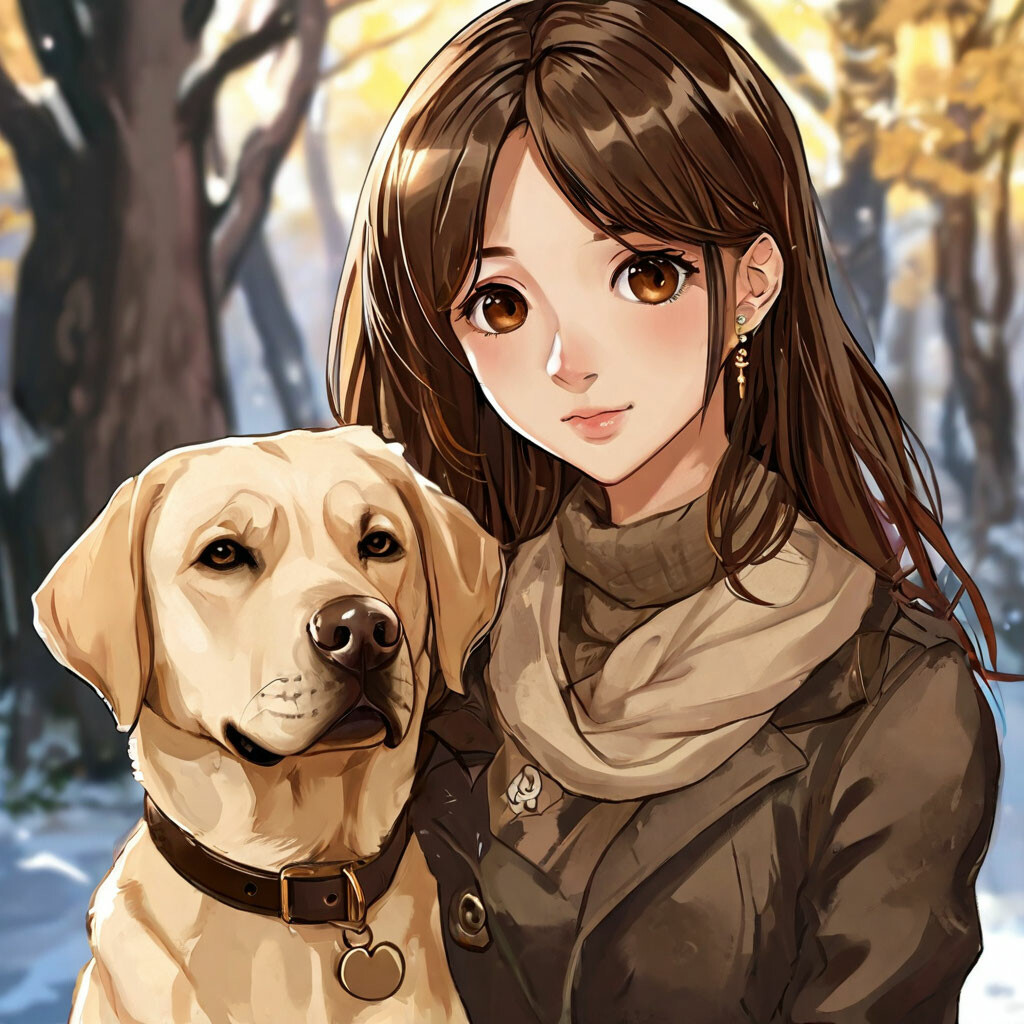 Anime Girl With Russian Brown Hair Stands Next To Her Dog Labrador