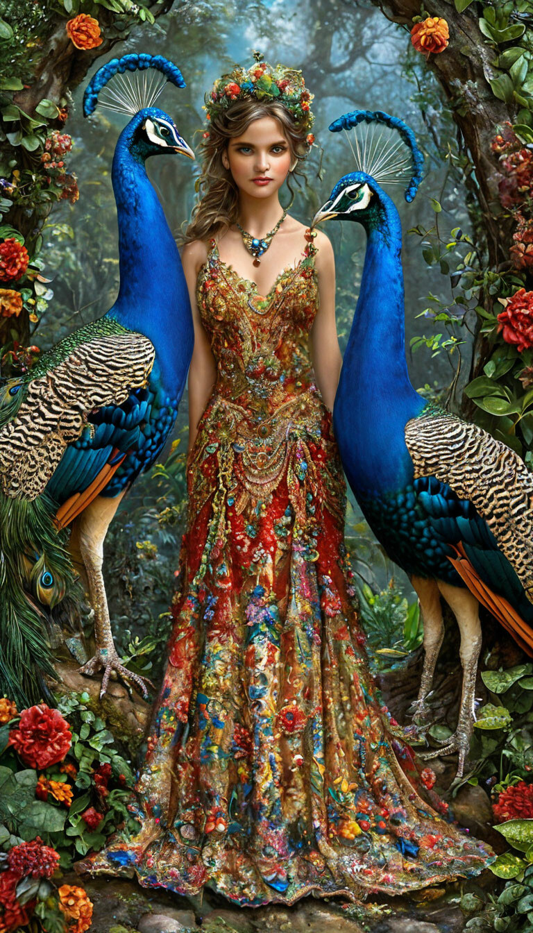 "A beautiful lady and two peacocks in the Garden of Eden" — image ...