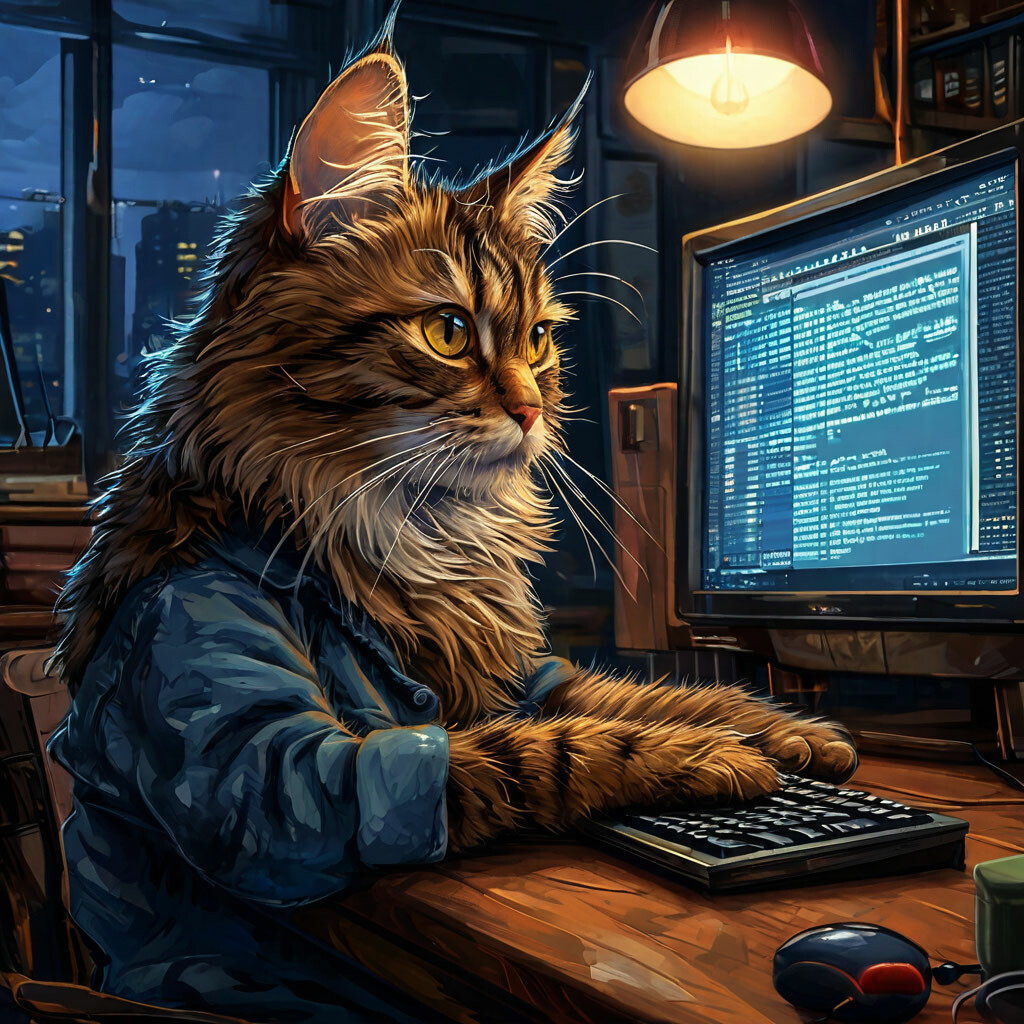"The cat is a programmer who works late at a computer from the eighties ...