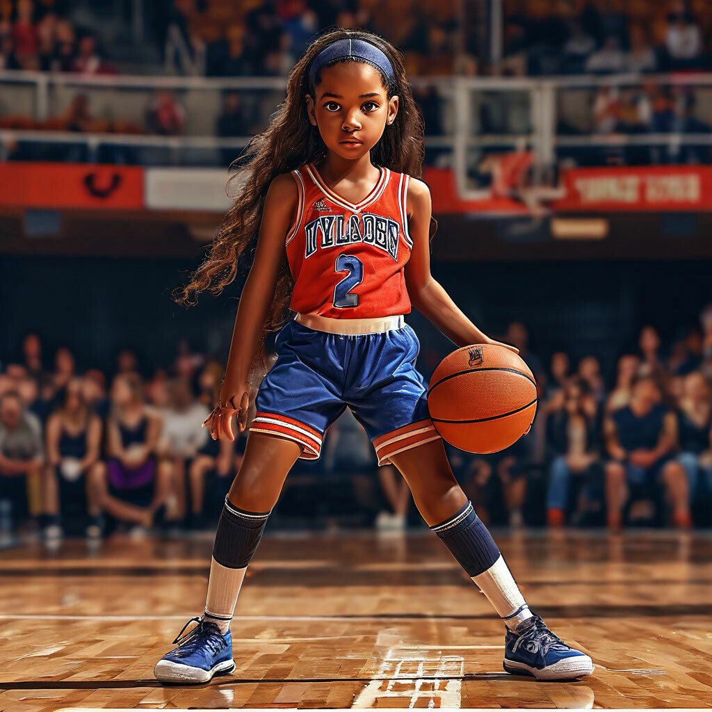 "The girl is dressed in a basketball uniform, wearing basketball socks ...
