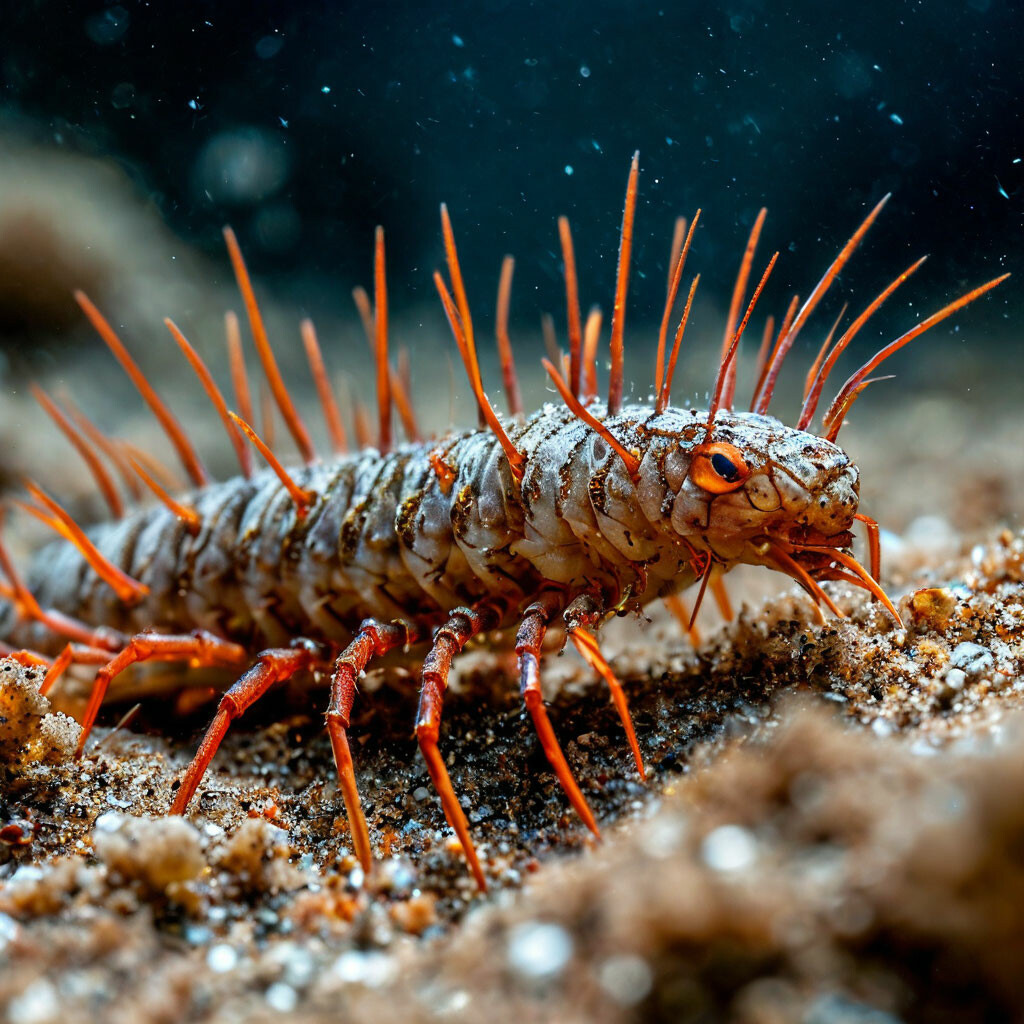 "Side view, cute underwater centipede, long symmetrical tentacles, on ...