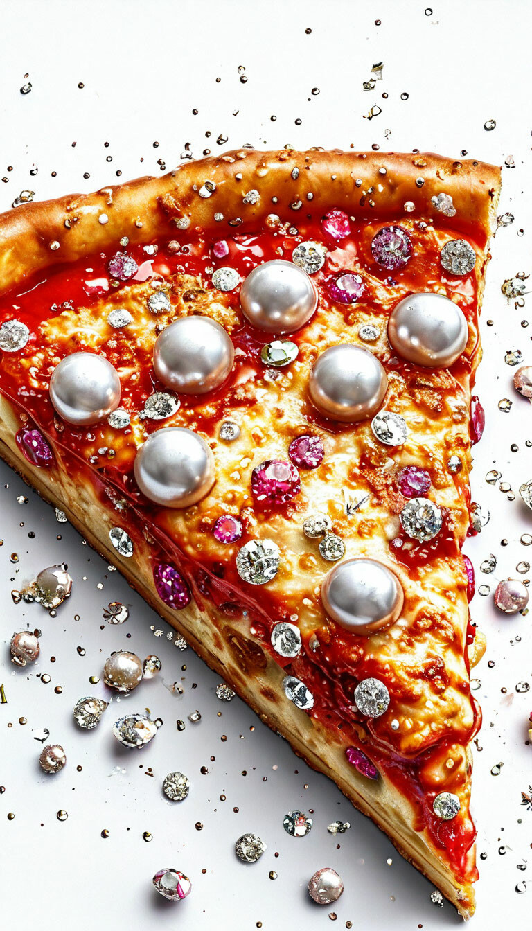 "White background, side view, slice of pizza with jewels, pearls and ...