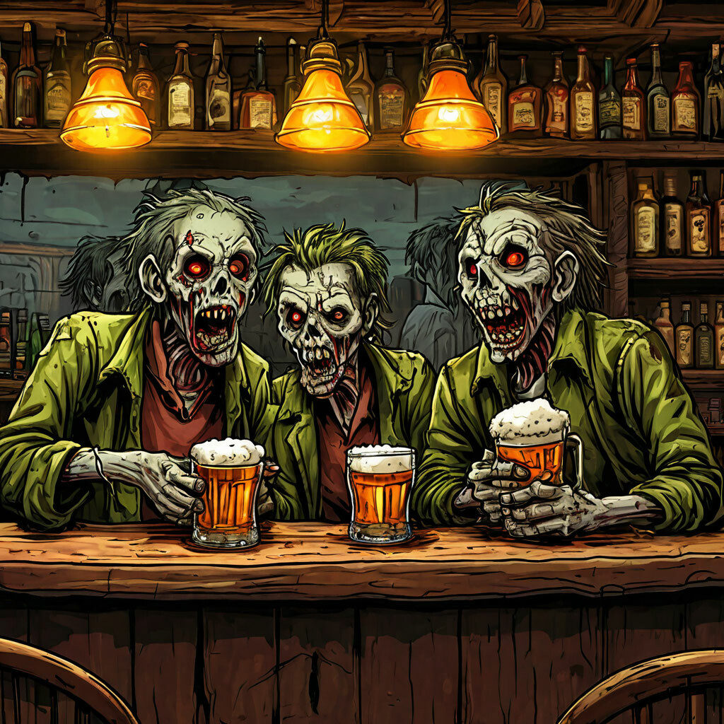 "Zombies are sitting in a bar with …" — image created in Shedevrum