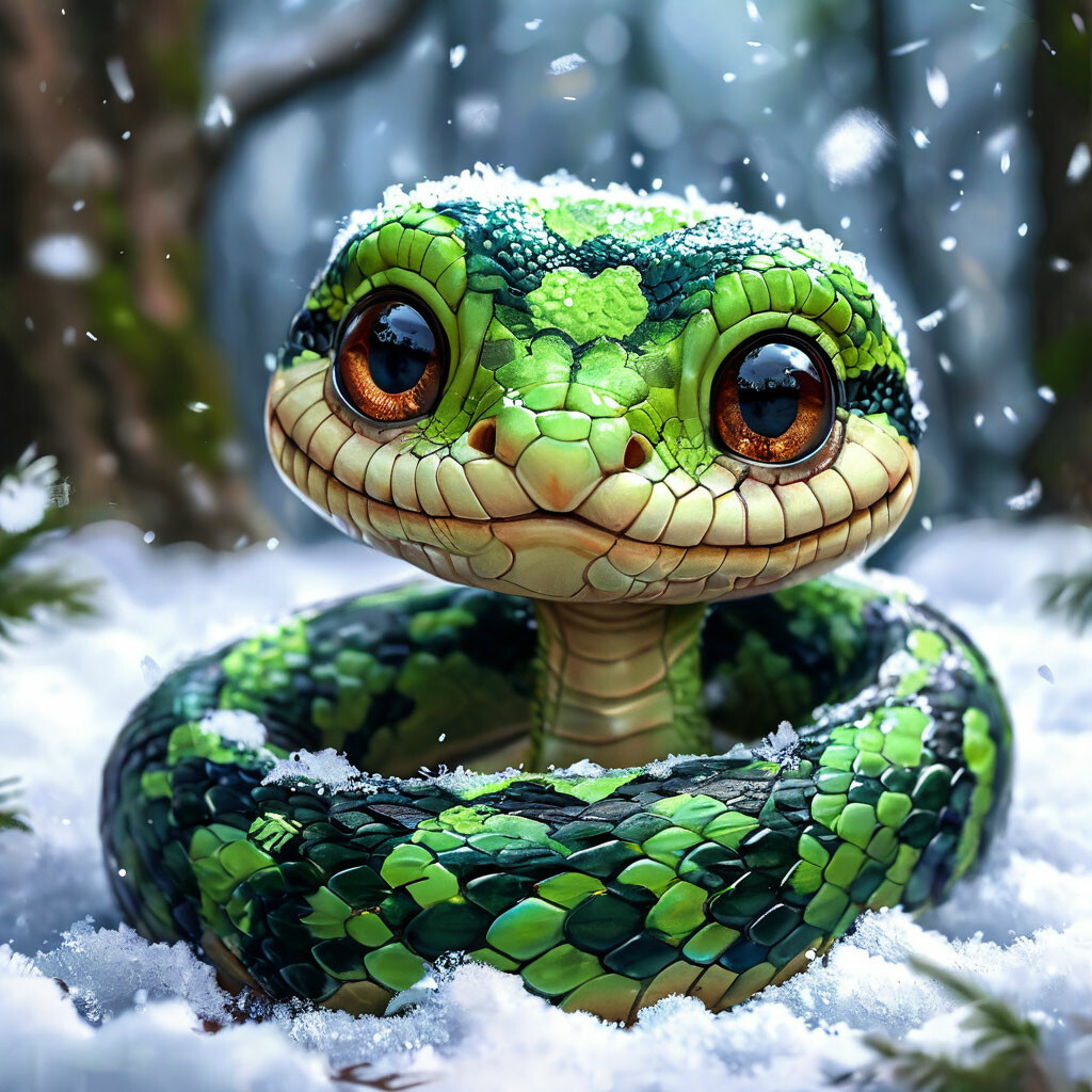 "Cute anime snake cartoon green cutie among the snow" — image created ...