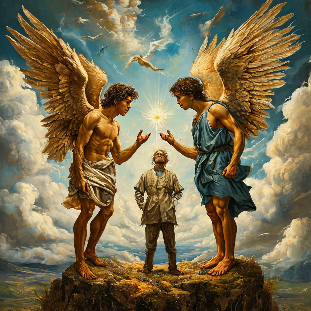 "Good and evil angels argue standing on the head of a man who thinks ...