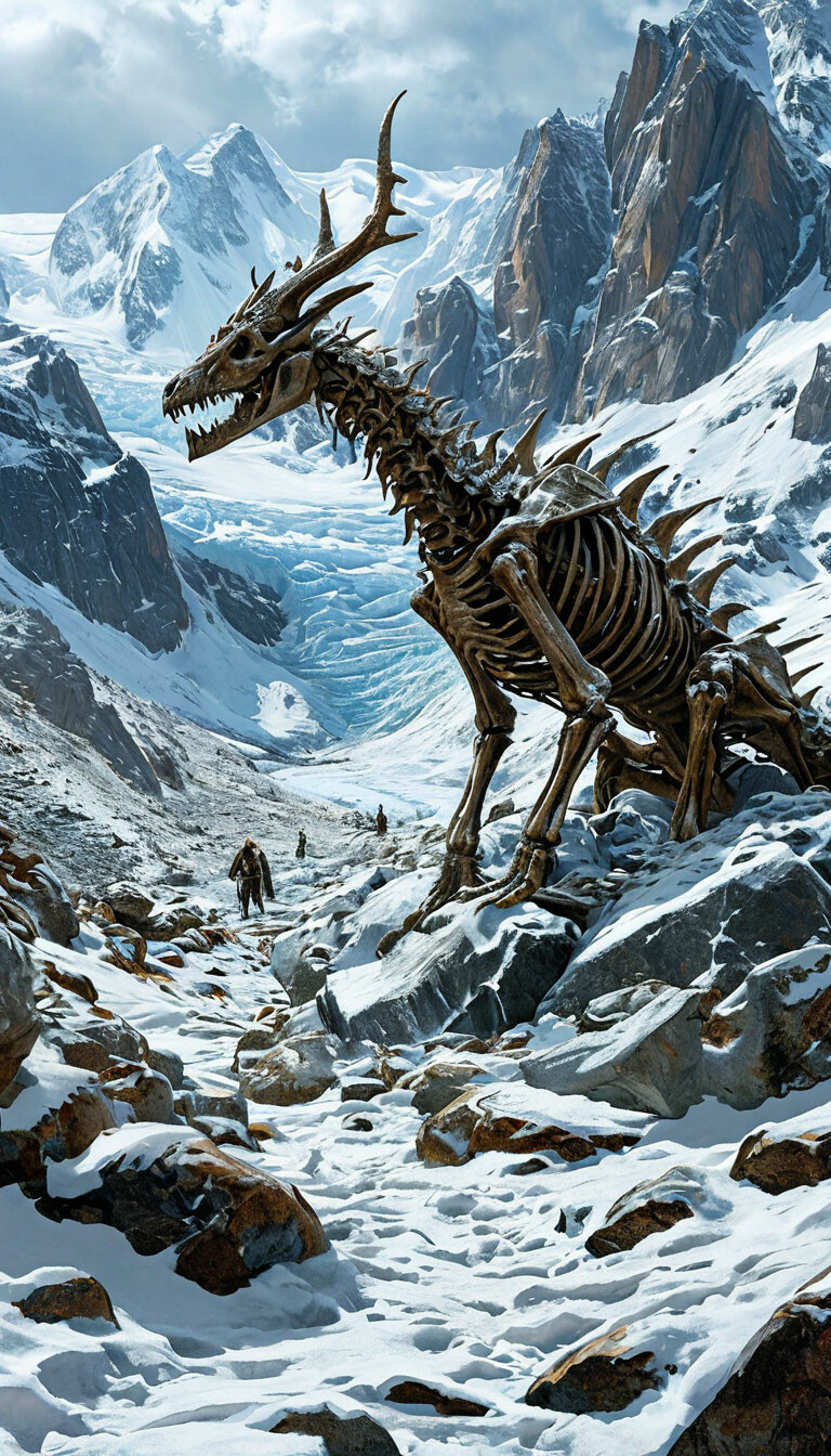 "The skeleton of a dragon frozen in …" — image created in Shedevrum