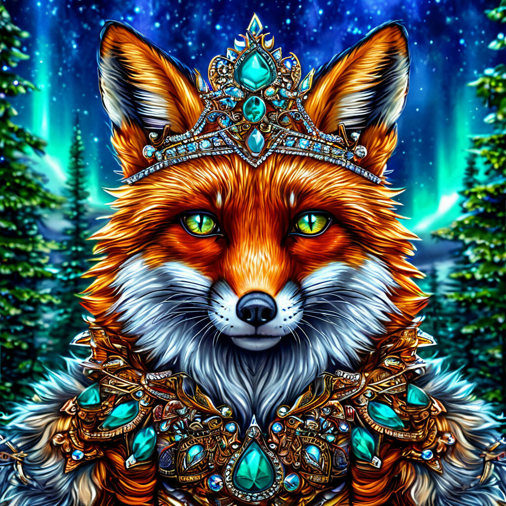"Anthropomorphic Fox-Queen in a crown of diamonds bright green eyes the ...