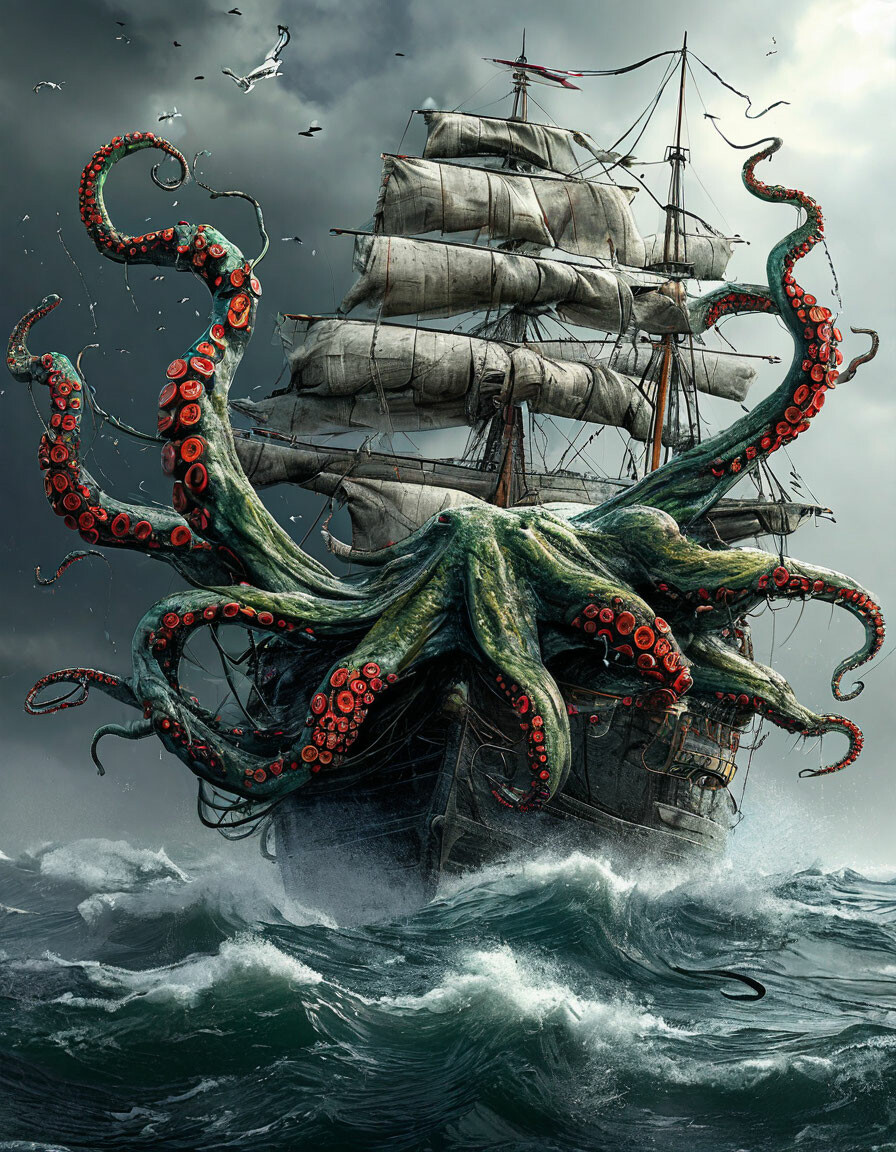 "A sailing ship, battered by a storm, floats in ethereal space. Grey ...