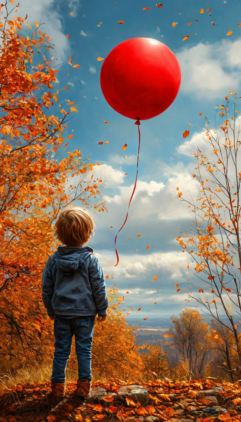 "A small child looking at the sky as a red balloon flies away autumn ...