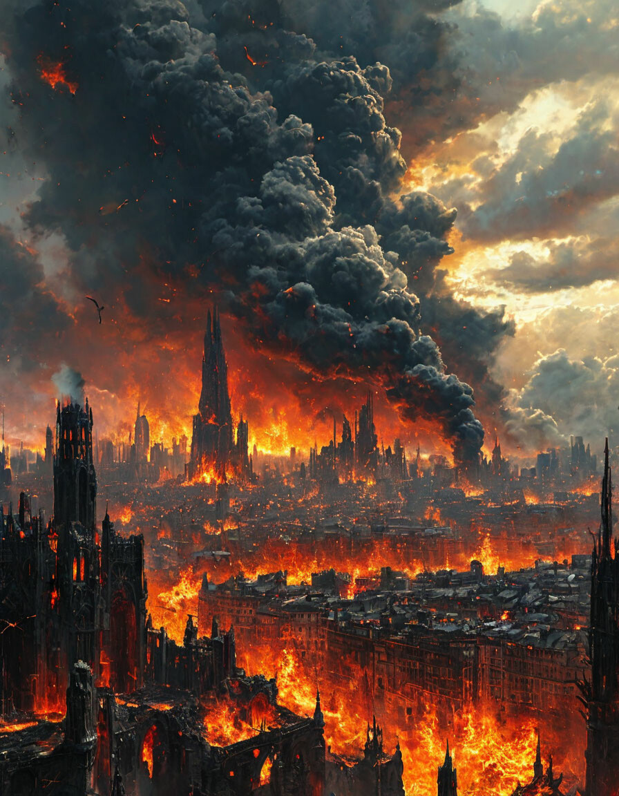 ". infernal city fiery ruins black …" — image created in Shedevrum