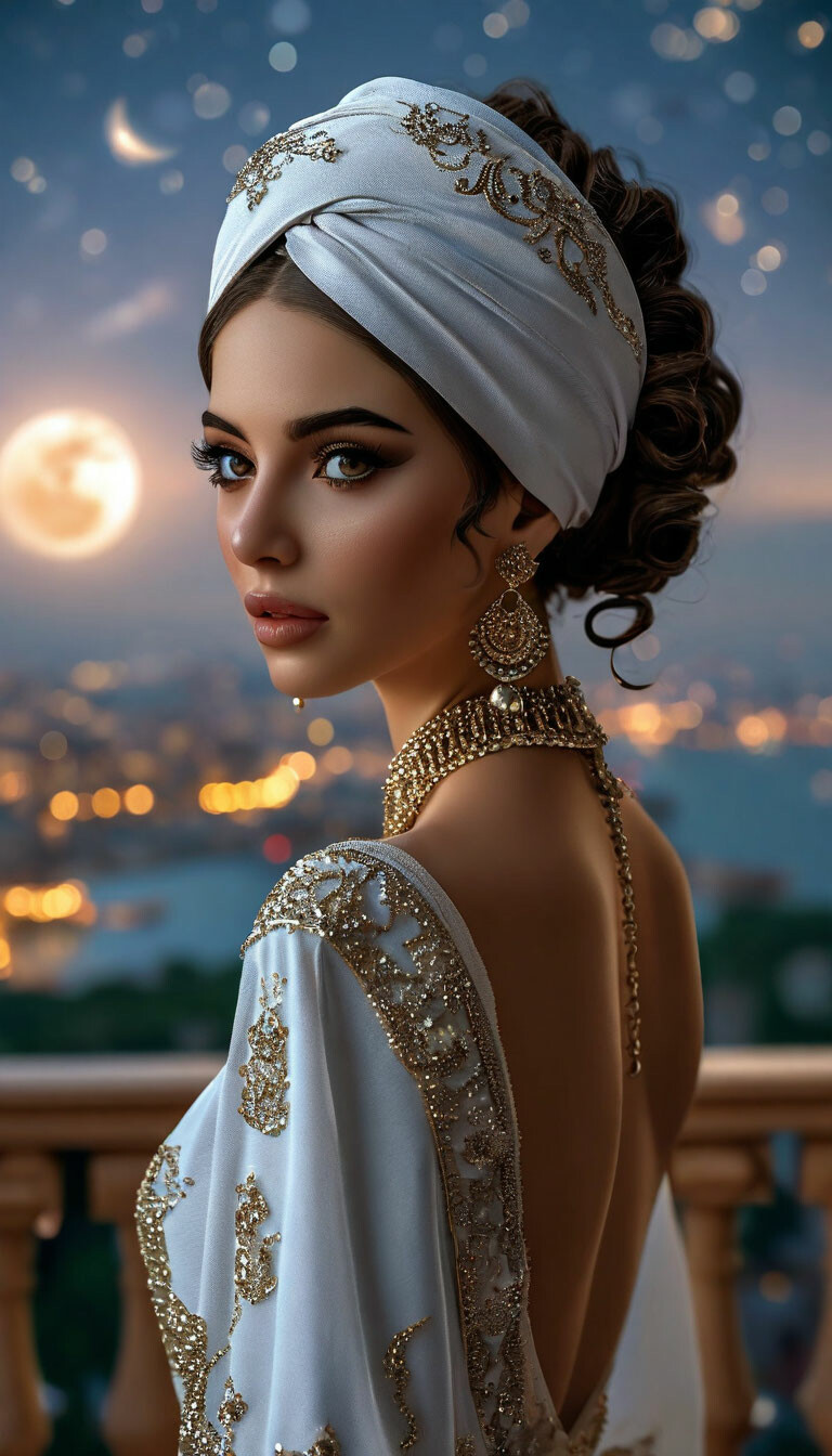 "☀️ Arab Beauty view from the back in a white turban jewelry ...