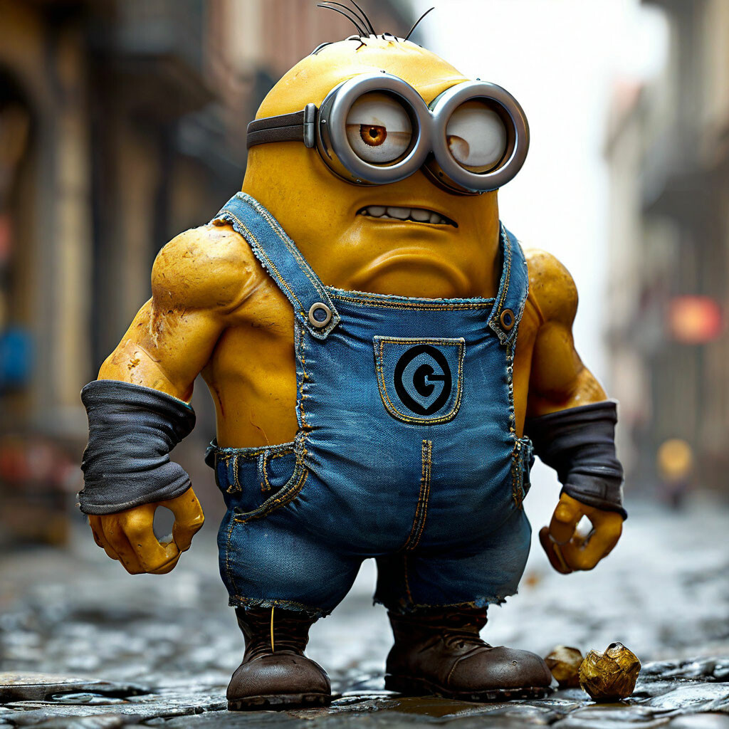 "A humanoid minion with big muscles" — image created in Shedevrum